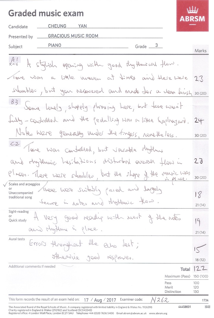 學生成績 – Gracious Music Room